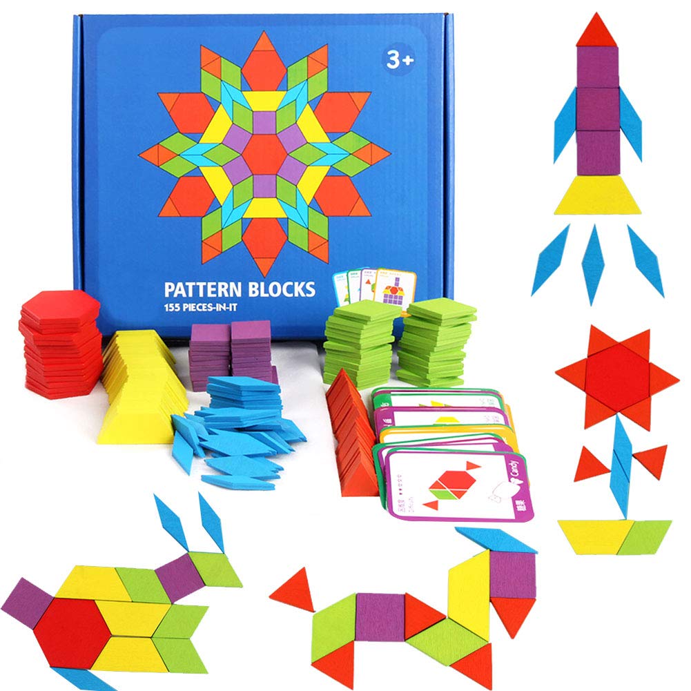 [amazon] GEMEM 155 Pcs Wooden Pattern Blocks Set Geometric Shape Puzzle ...